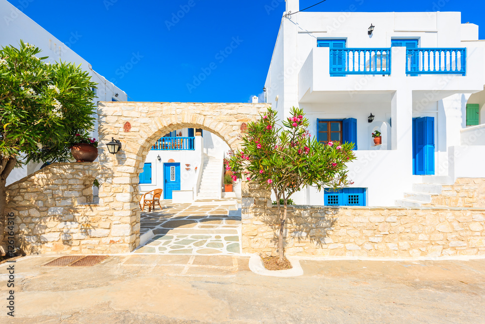 Entrance gate to typical Greek style apartment complex in Naoussa town ...