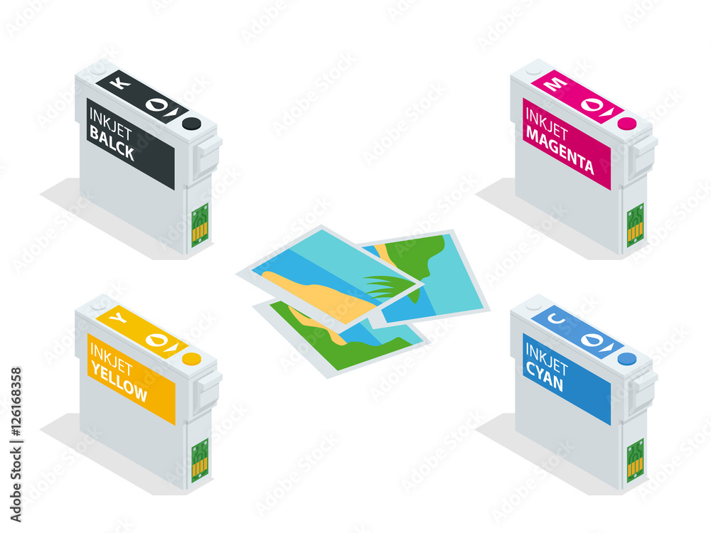 Isometric CMYK set of cartridges for ink jet printer and color chart ...