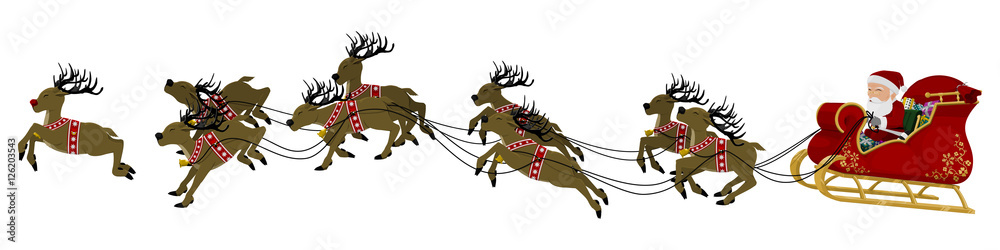 isolated santa on his sleigh with his nine reindeer on transparent ...