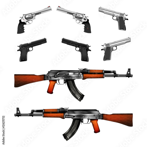 realistic pistols, revolvers and Kalashnikov machine gun Stock Vector ...