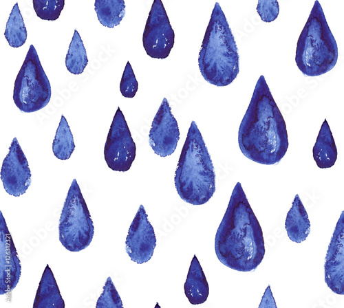 Seamless pattern with big blue raindrops painted in watercolor on white ...