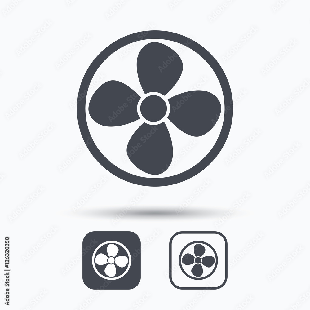 Ventilation icon. Air ventilator or fan symbol. Square buttons with ...