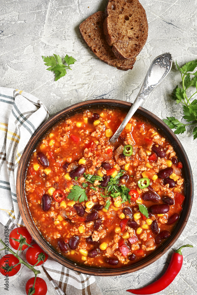 Chili con carne - traditional dish of mexican cuisine.Top view. Stock ...