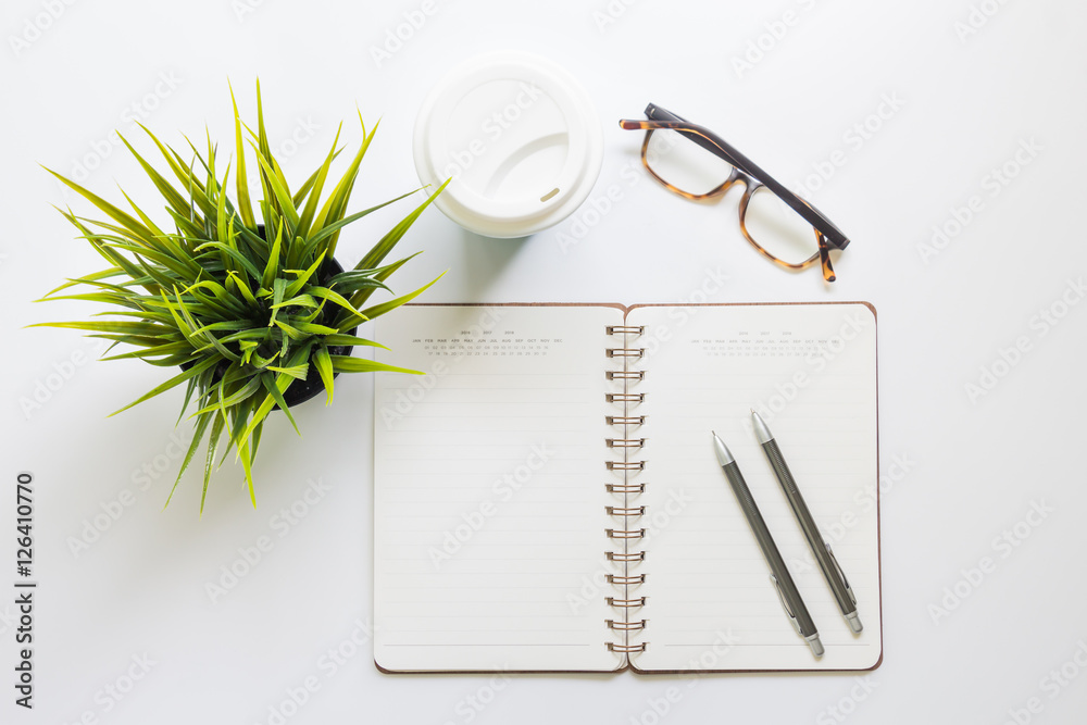 Flat lay of stationery and hot coffee, mockup top view set on gray ...