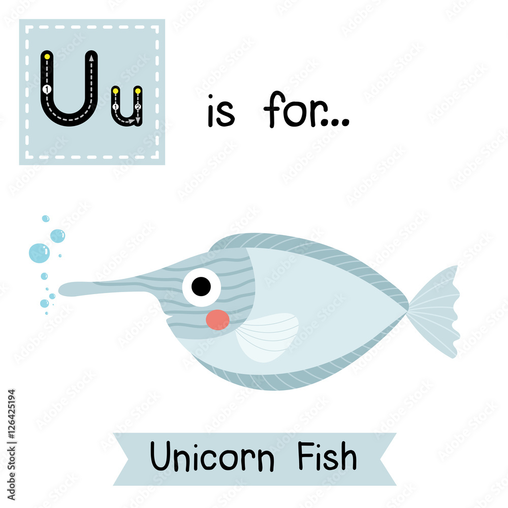 U letter tracing. Unicorn Fish. Cute children zoo alphabet flash card ...