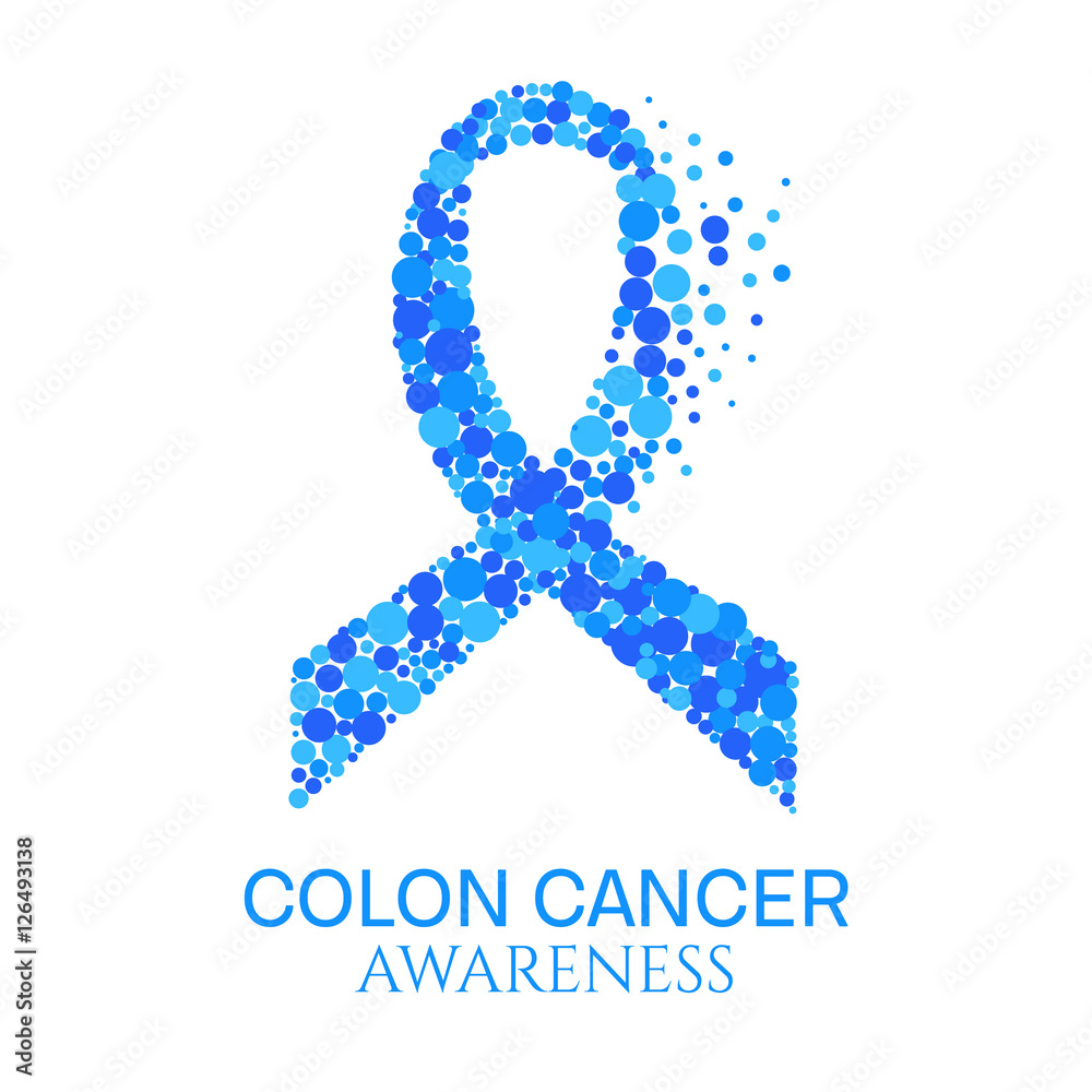 Colon cancer awareness poster. Blue ribbon made of dots on white ...