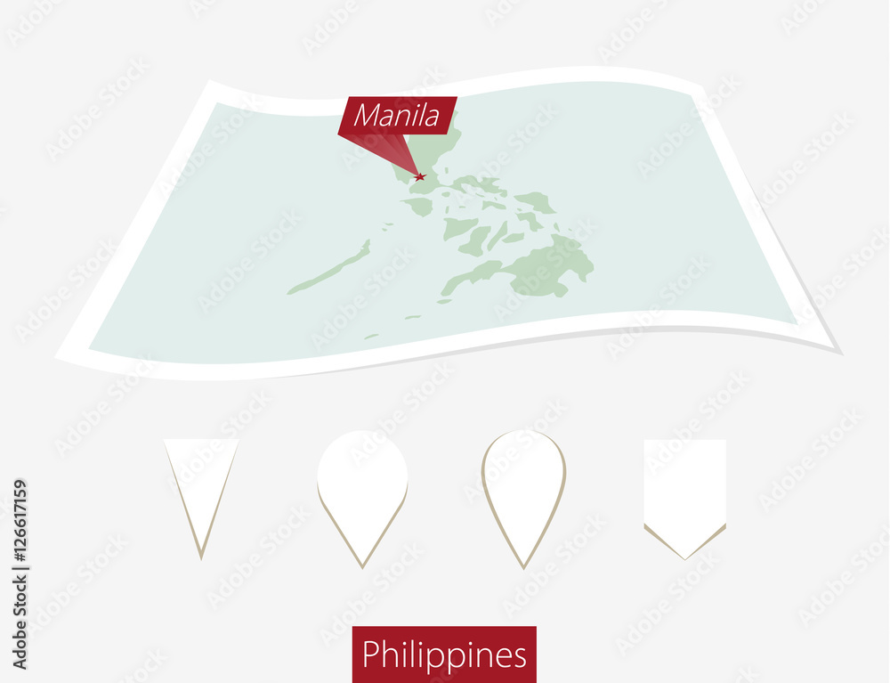 Curved paper map of Philippines with capital Manila on Gray Background ...