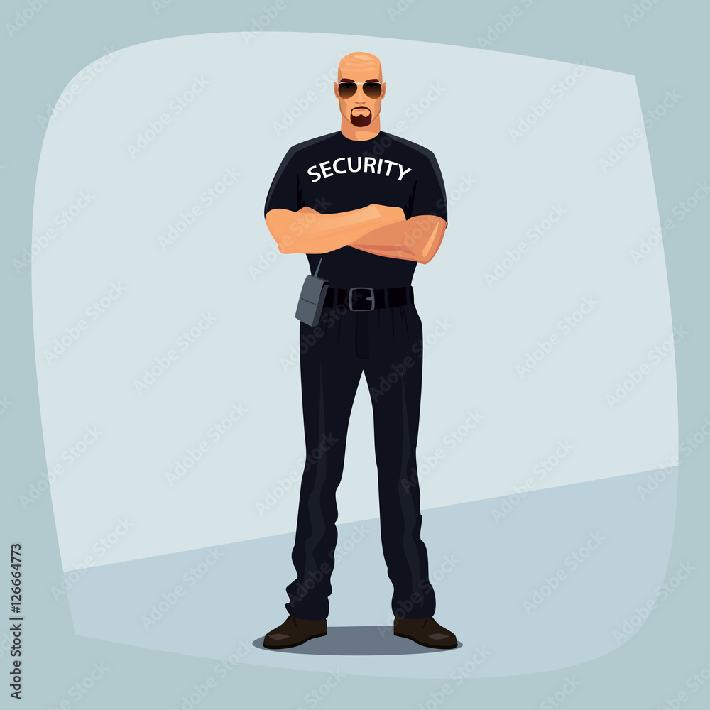 Security guard, bald man of strong physique in black uniform of ...