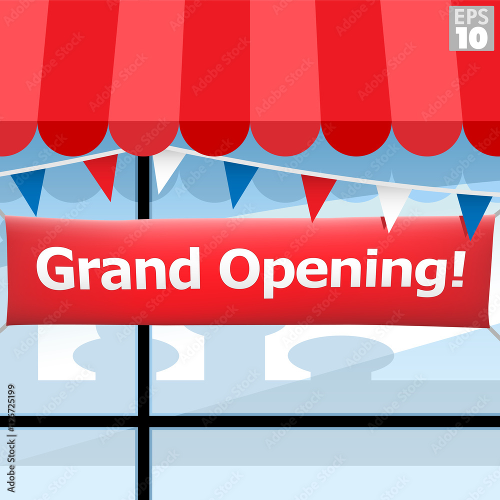 Storefront with grand opening sign and triangle banners Stock Vector ...