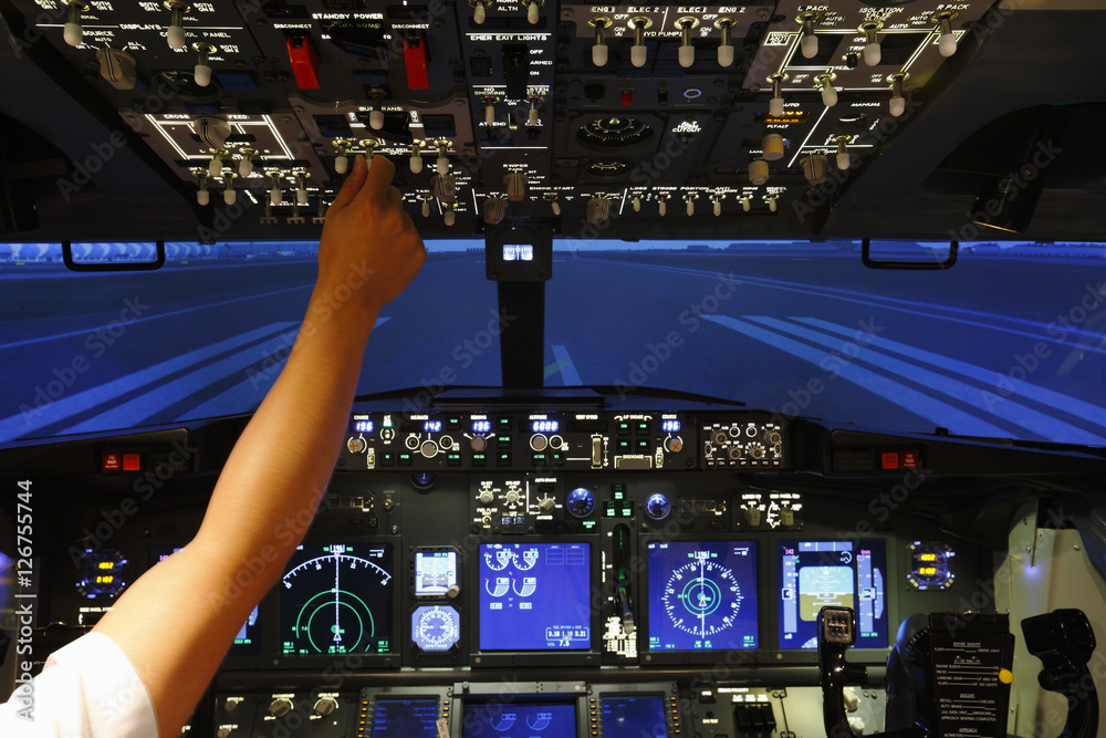 Hand control in cockpit of airplane in flight simulator Stock Photo ...