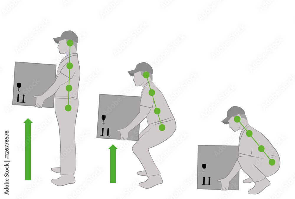 Correct posture to lift a heavy object safely. Illustration of health ...