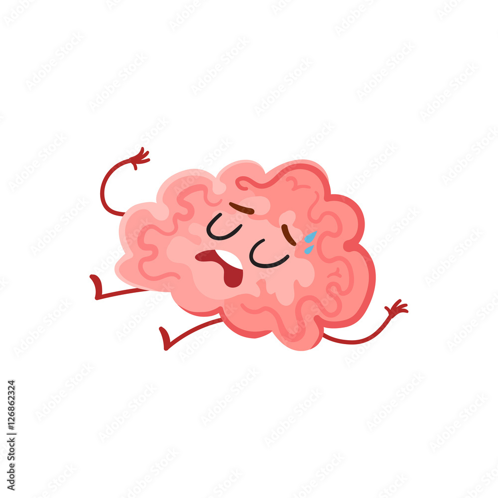 Funny tired, stressed out brain sweating and lying exhausted, cartoon ...