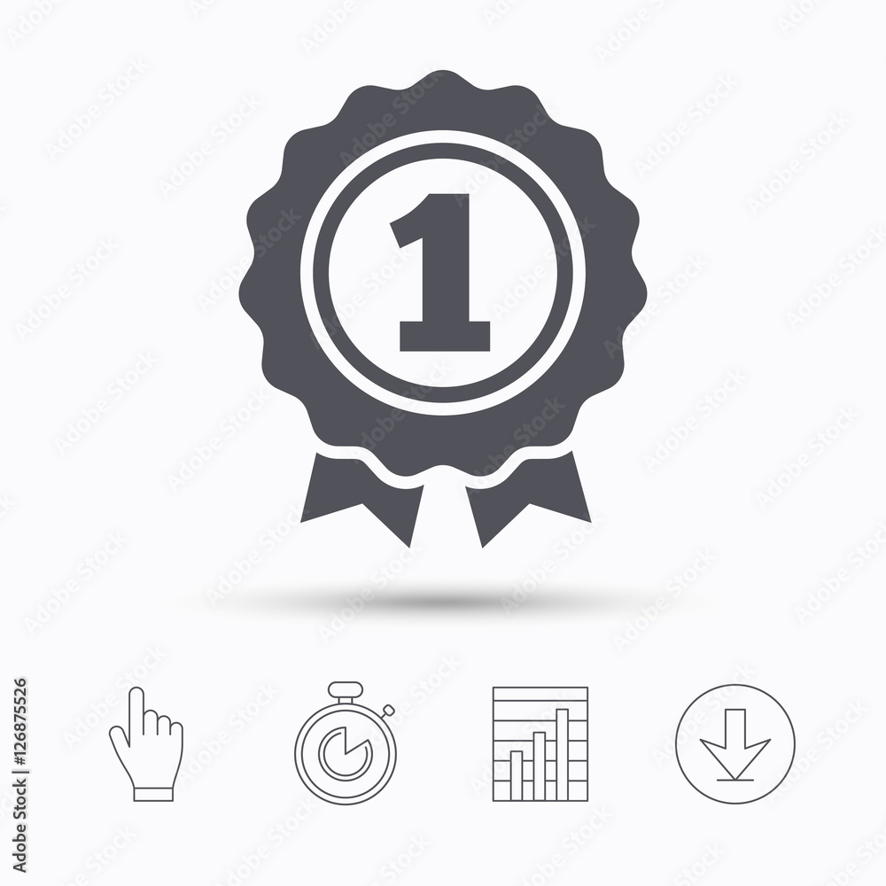 Award medal icon. Winner emblem symbol. Stopwatch timer. Hand click ...
