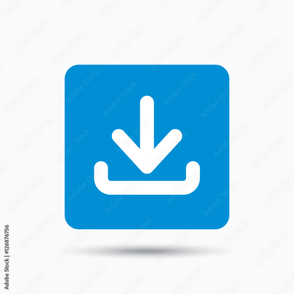 Download icon. Load internet data symbol. Blue square button with flat ...