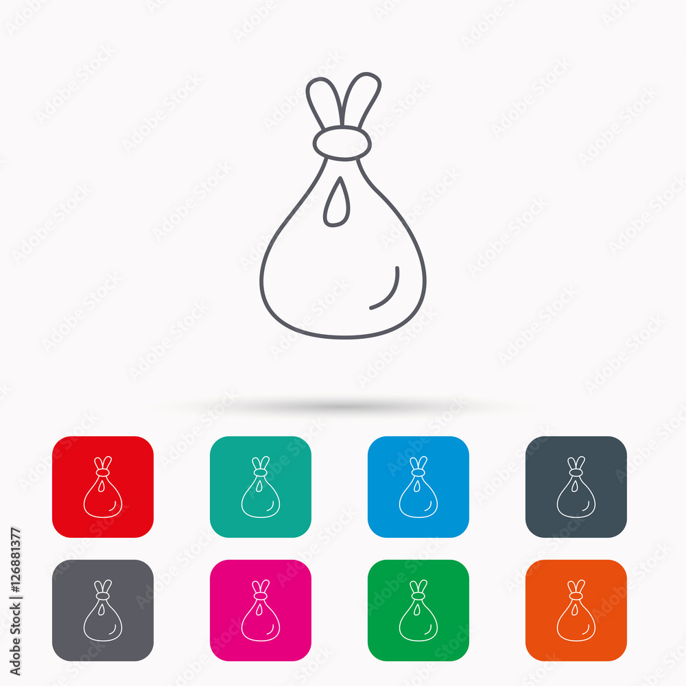 Burlap sack icon. Textile bag sign symbol. Linear icons in squares on ...