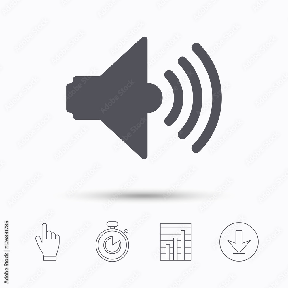 Sound icon. Music dynamic symbol. Stopwatch timer. Hand click, report ...