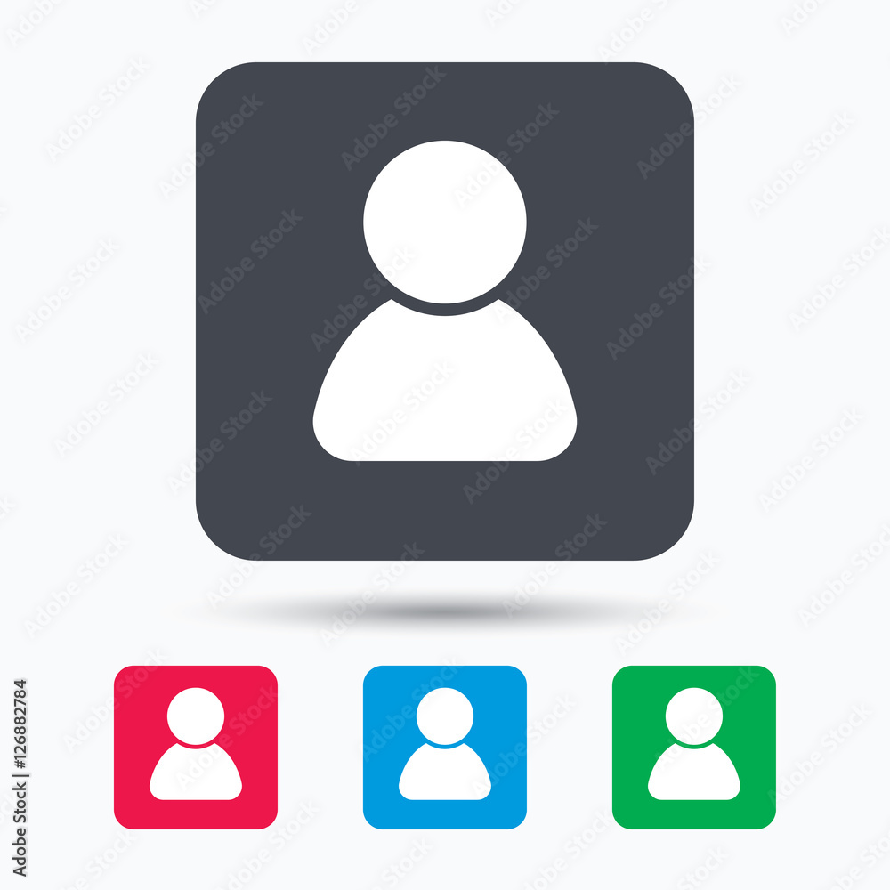 User icon. Human person symbol. Avatar login sign. Colored square ...