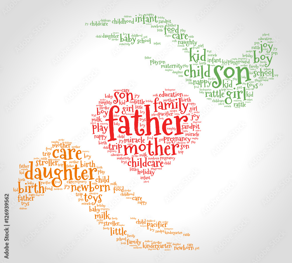 Father. Word cloud, heart between two hands, gradient grey background ...