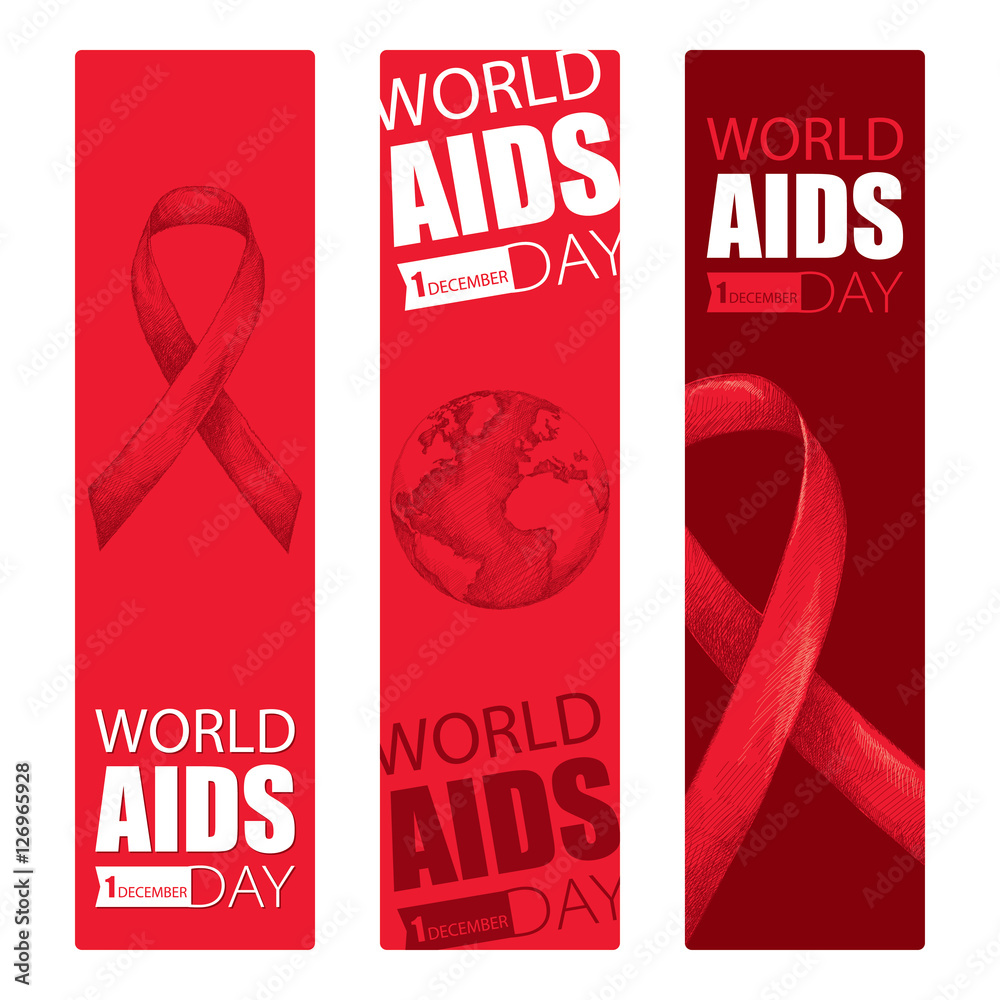 Vector design set with vertical banner with red ribbon and earth planet ...