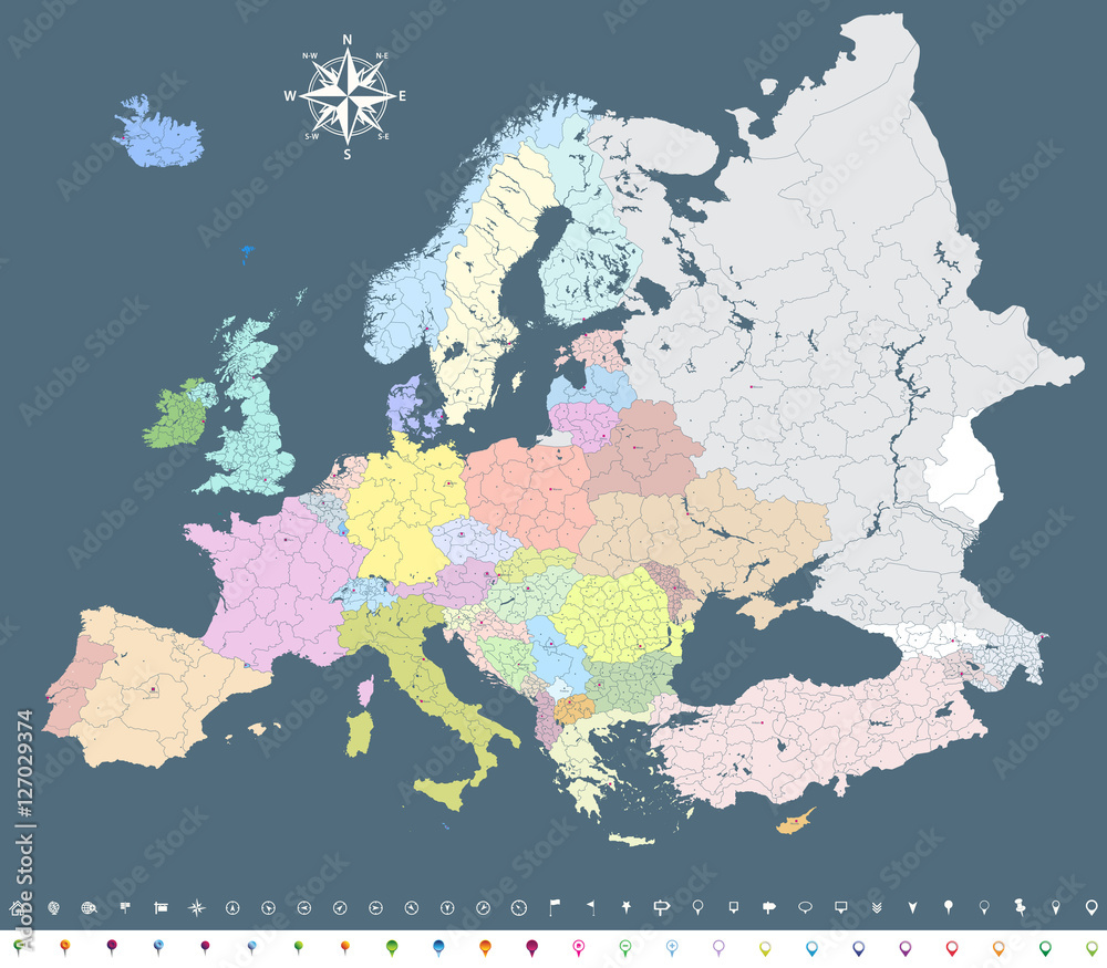 Europe colorful political map with regions borders and navigation icons ...
