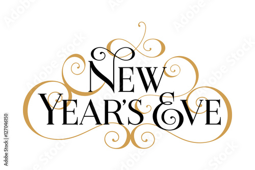 New Year's Eve. Handwritten modern brush black text, gold swirl, white ...