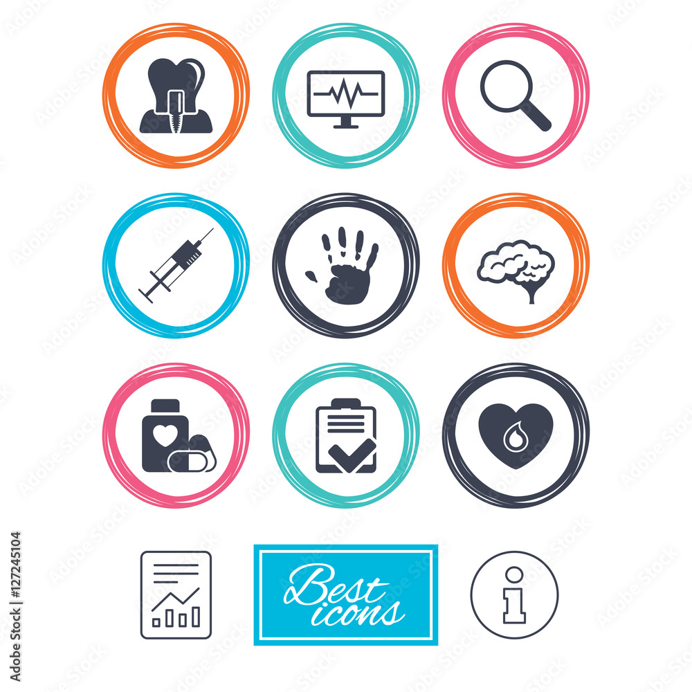 Medicine, medical health and diagnosis icons. Blood, syringe injection ...