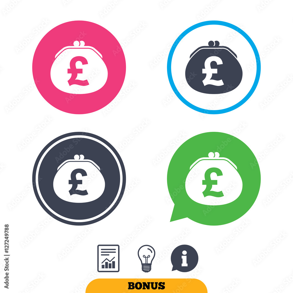 Wallet pound sign icon. Cash bag symbol. Report document, information ...