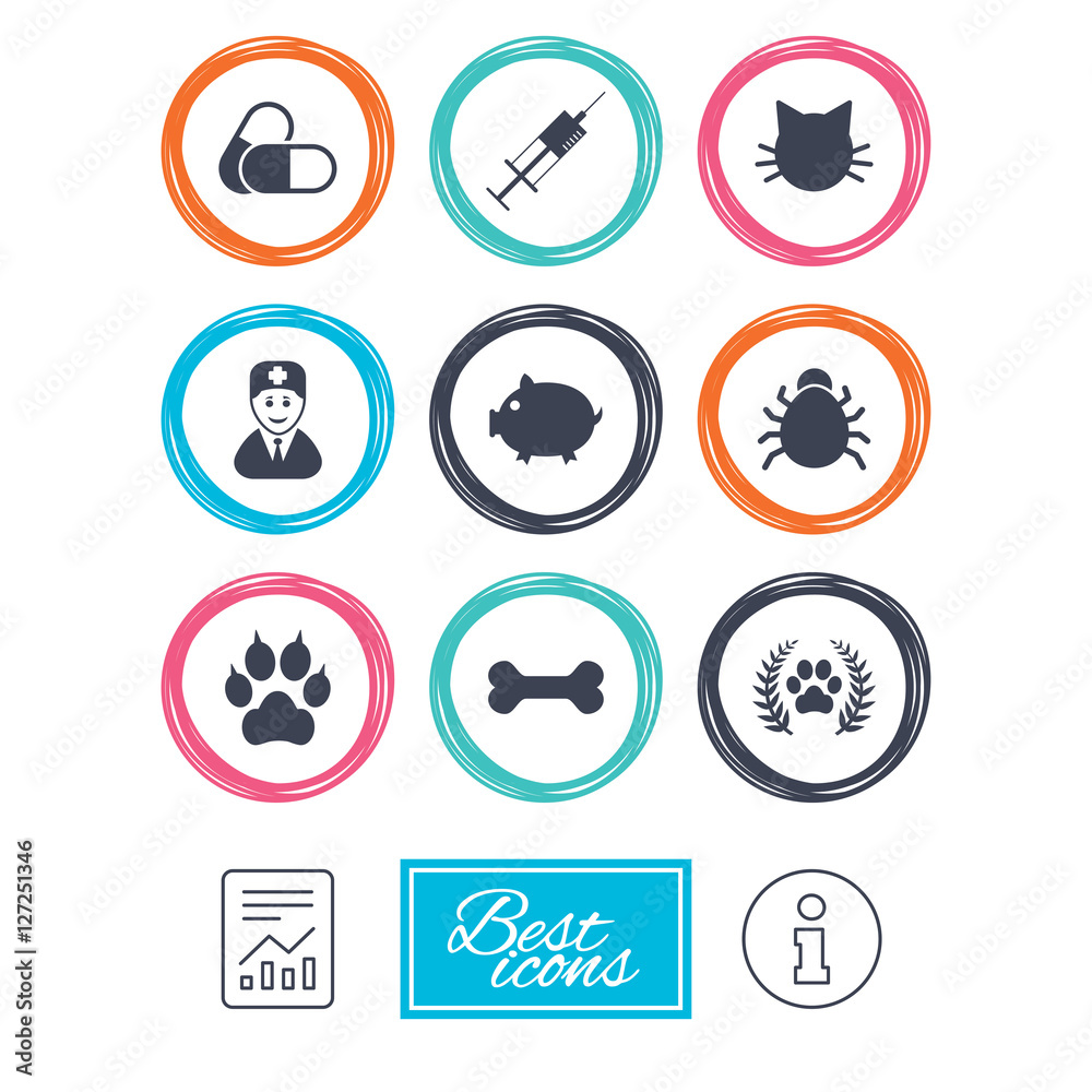 Veterinary, pets icons. Paw, syringe and bone signs. Pills, cat and ...