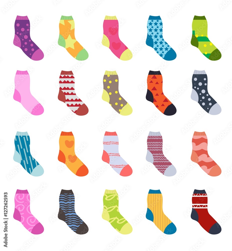 Socks set icons. Socks collection flat design. Socks isolated on white background. Warm woolen socks with cute patterns. Winter socks. Vector illustration Adobe Stock