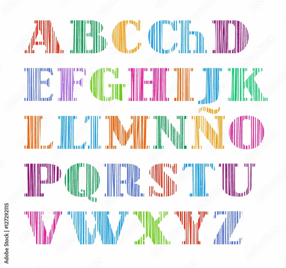 Spanish alphabet, capital letters, the vertical shading with colored ...