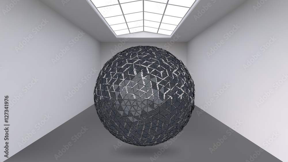 Hanging ball made of lots of smaller polygons in the large empty room ...