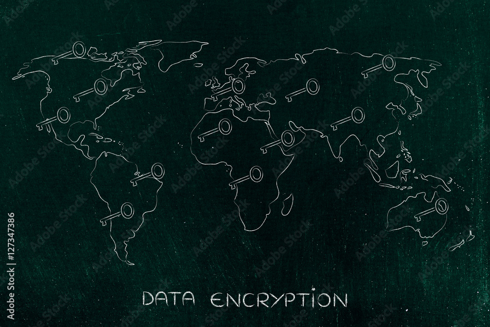 world map with keys, concept of encryption & cryptography Stock ...