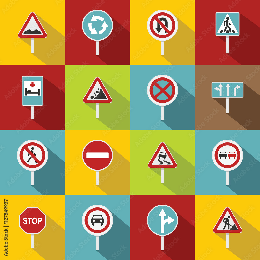 Different road signs icons set. Flat illustration of 16 different road ...