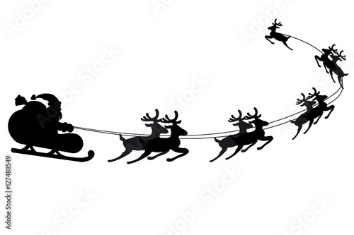 Graphic silhouette of Santa flying in sleigh harnessed with nine ...