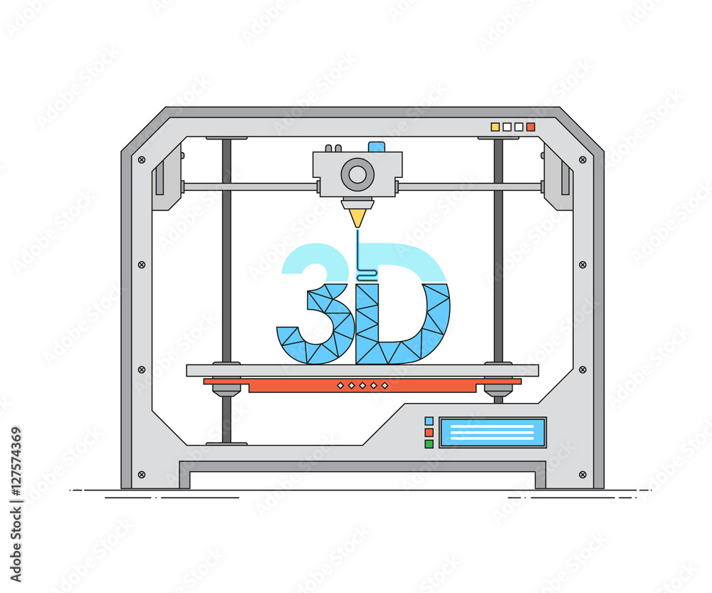 Modern thin linear icon of 3d printer. The printing process on the 3D ...
