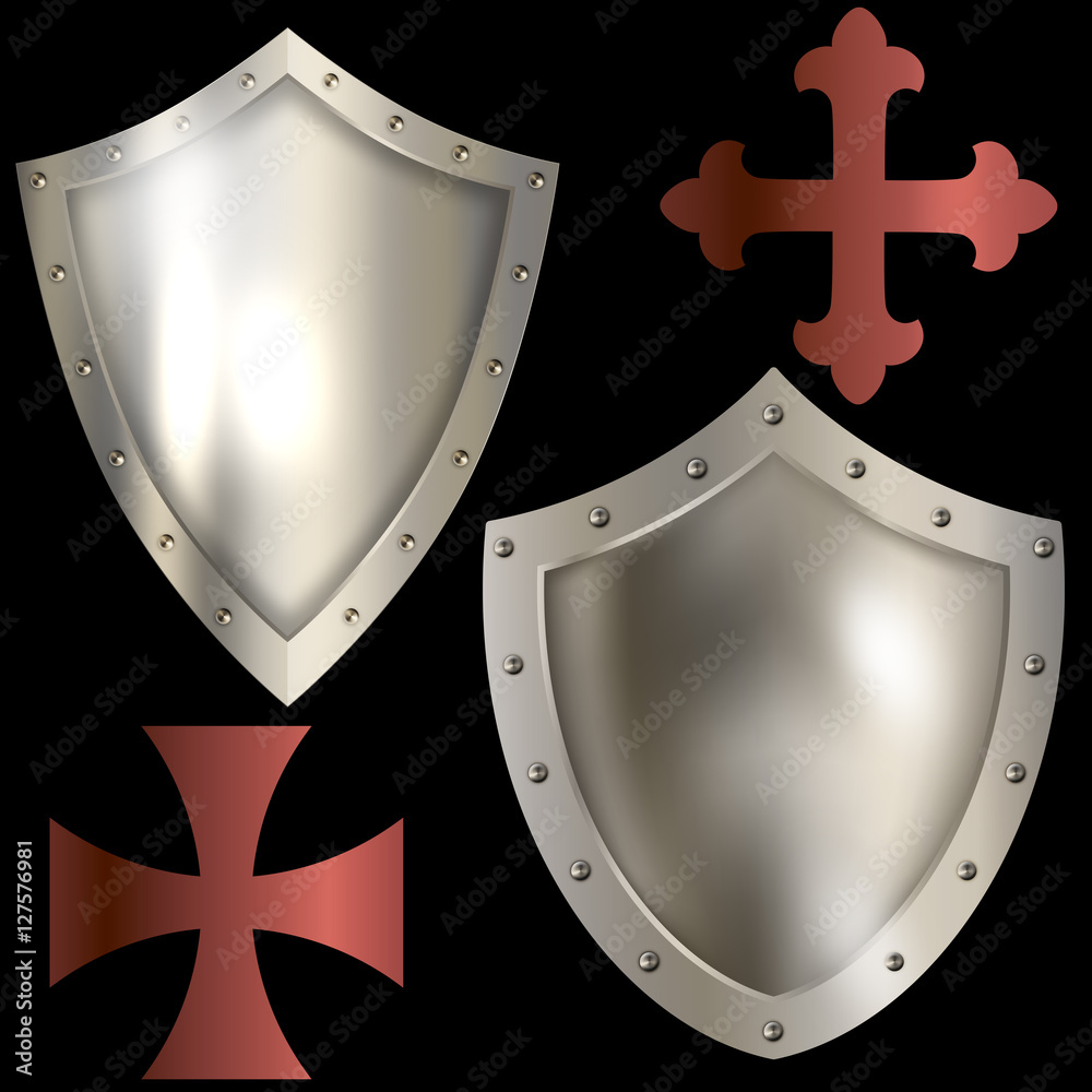 Medieval heraldic shields and cross on black background. Stock ...