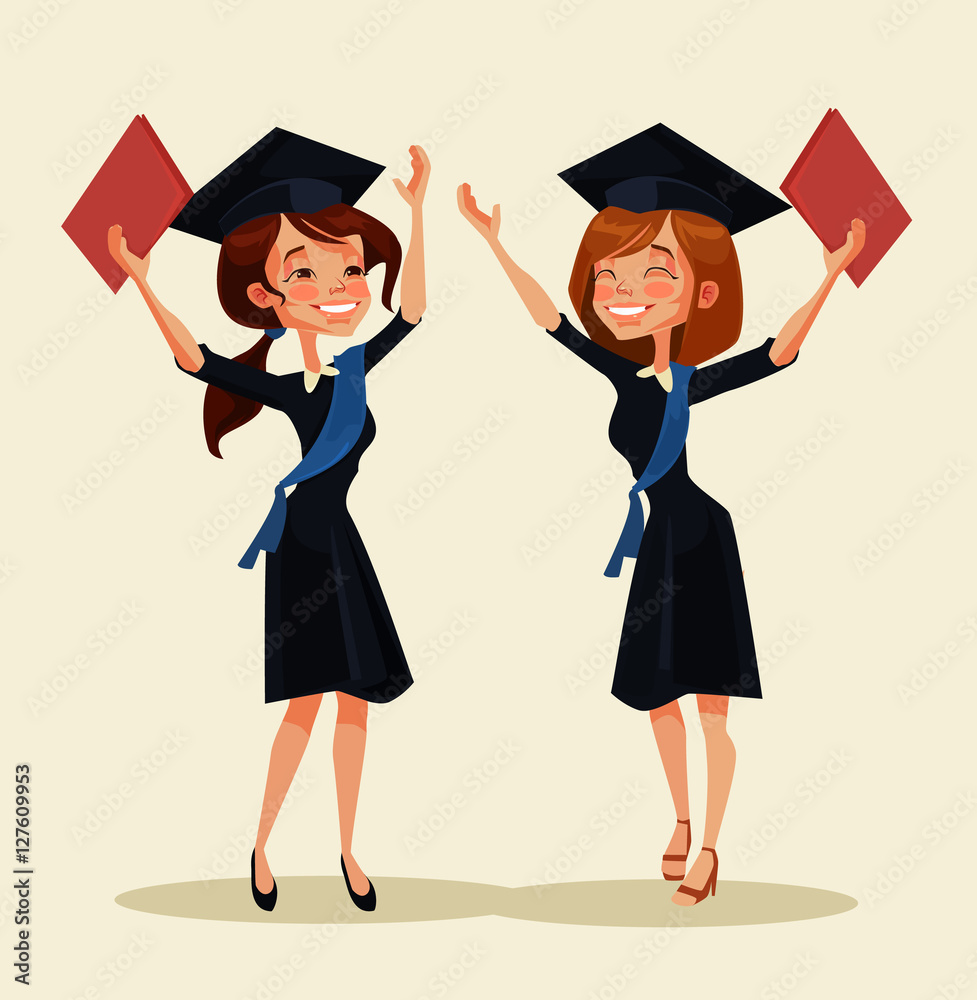 Girl students characters celebrate graduation. Vector flat cartoon ...