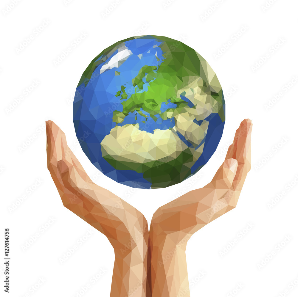 polygonal cupped hands that hold polygon planet earth europe whi Stock ...
