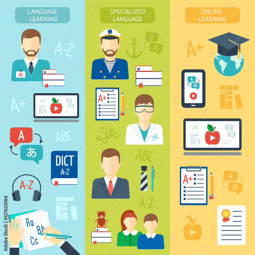 Set of vertical banners. Foreign language learning. Specialized ...