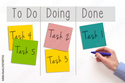 Kanban desk or board with colorful stickers. To do, doing, done ...