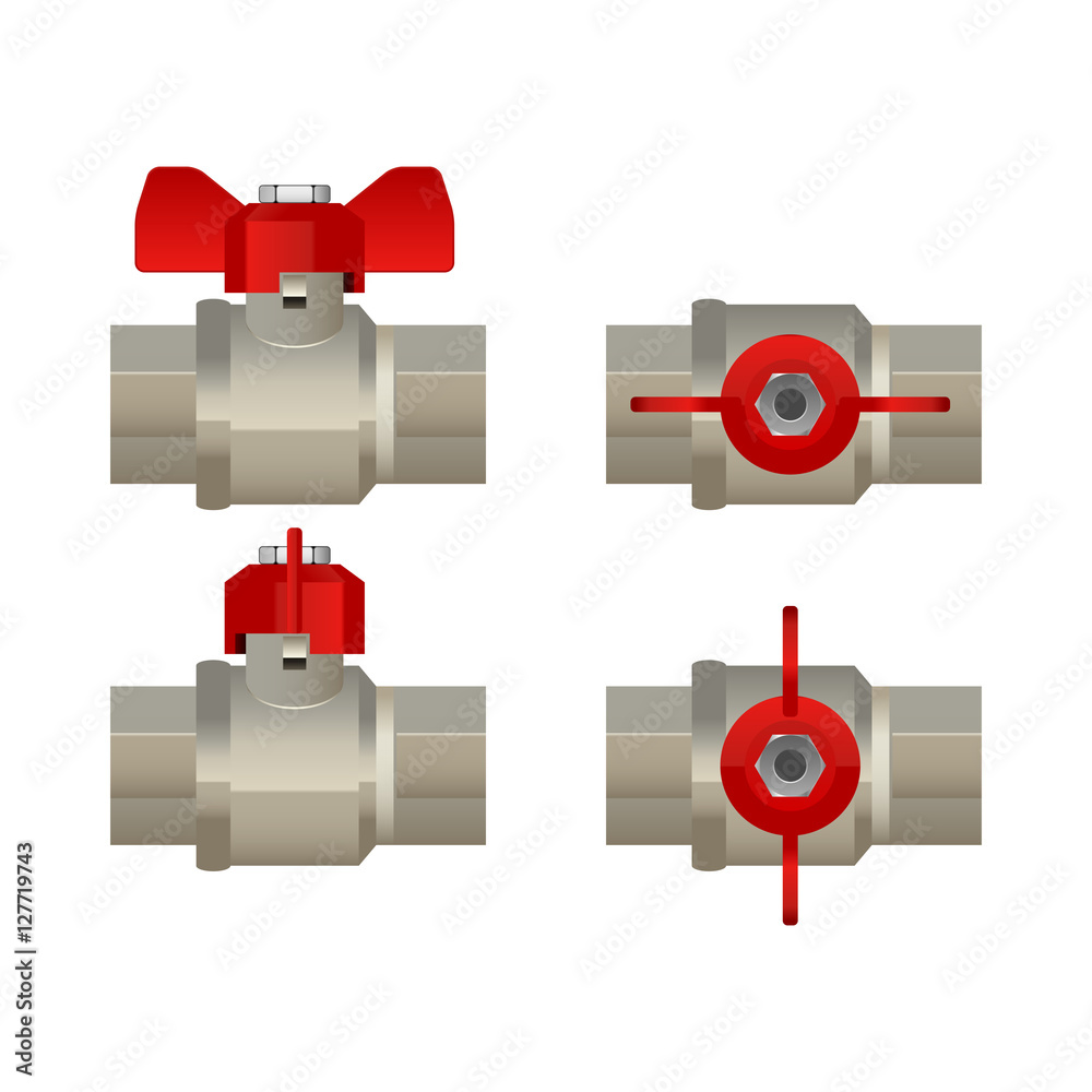 Ball valve vector illustration, side and top view, open closed ...