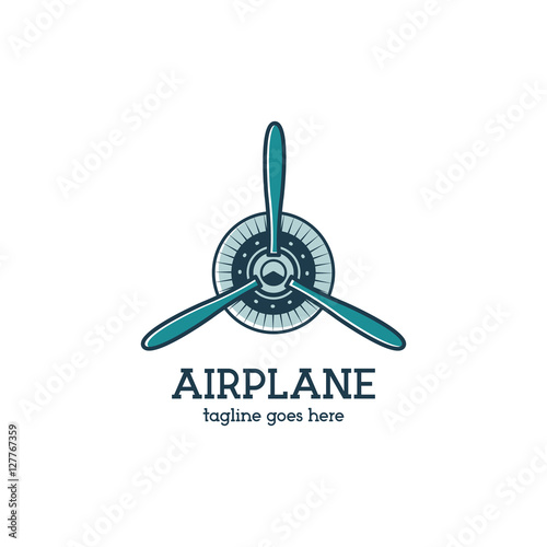 Airplane propeller logo template with radial engine. Retro Plane badge ...