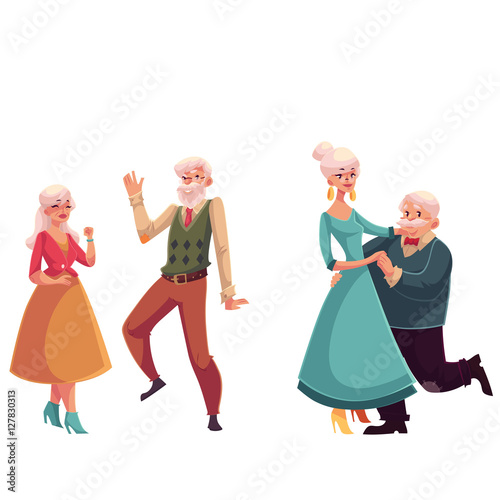 Two Couples Of Old Senior People Dancing Together Cartoon Style
