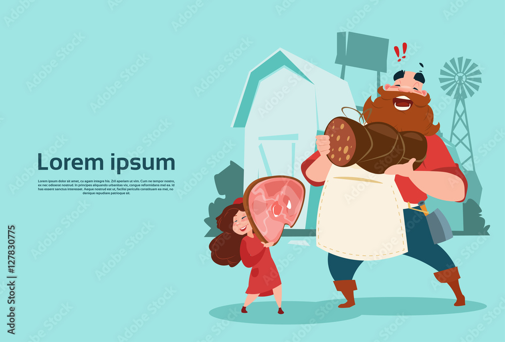 Farmer With Daughter Hold Pig Leg Pork Butcher Animal Farm Background ...