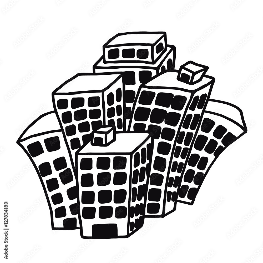 many building / cartoon vector and illustration, black and white, hand ...