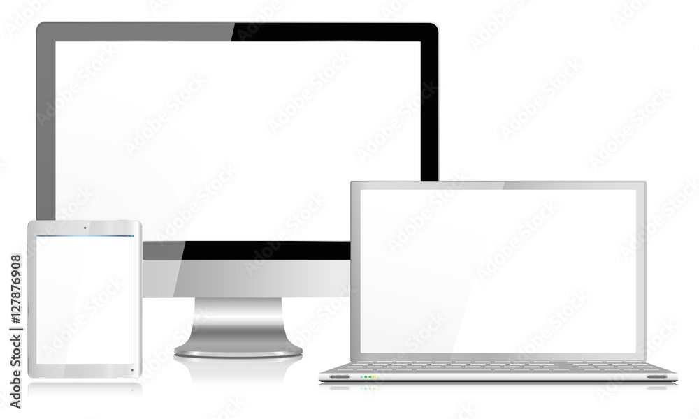 Realistic Modern Computer Devices in Stainless Steel with Monitor ...