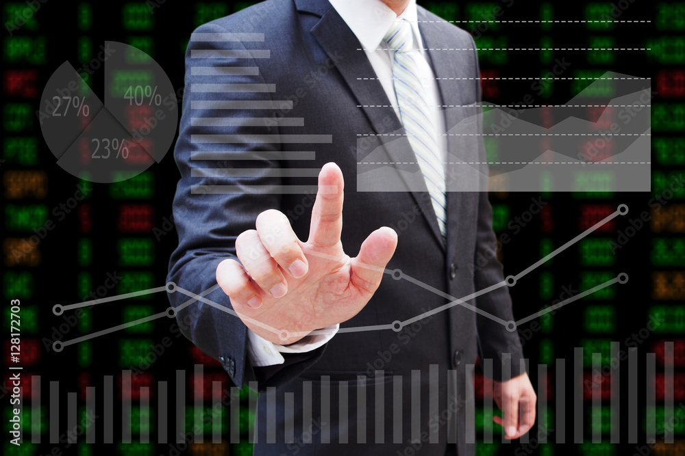 Businessman hand touching virtual panel of pir chart and other c Stock ...