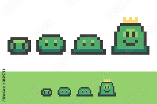 Evolution of pixel slimes from small to king slime. Vector set ...