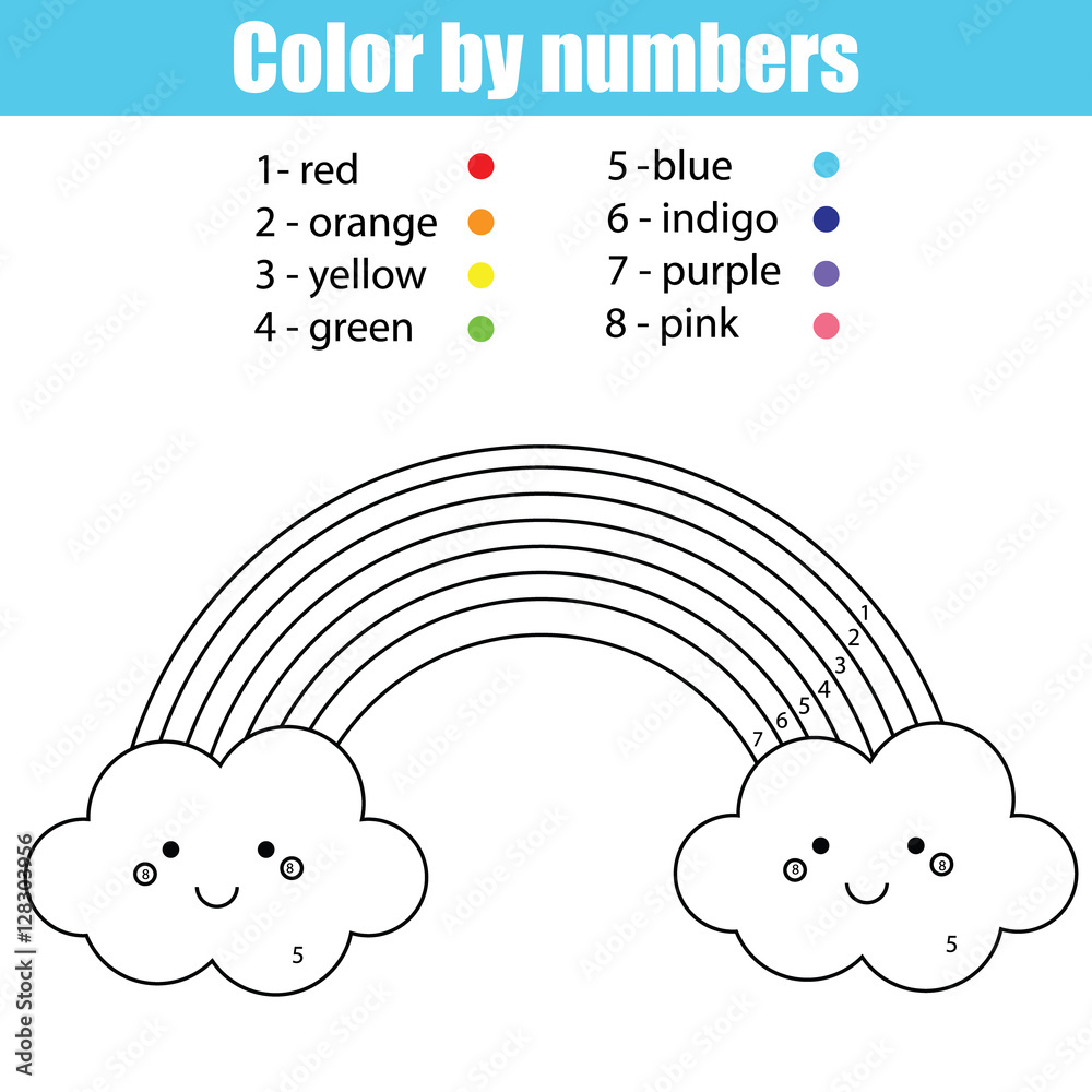 Coloring page with cute kawaii rainbow. Color by numbers Stock Vector ...