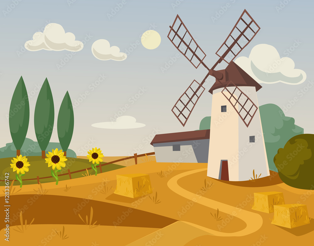 Mill farm. Vector flat cartoon illustration Stock Vector | Adobe Stock